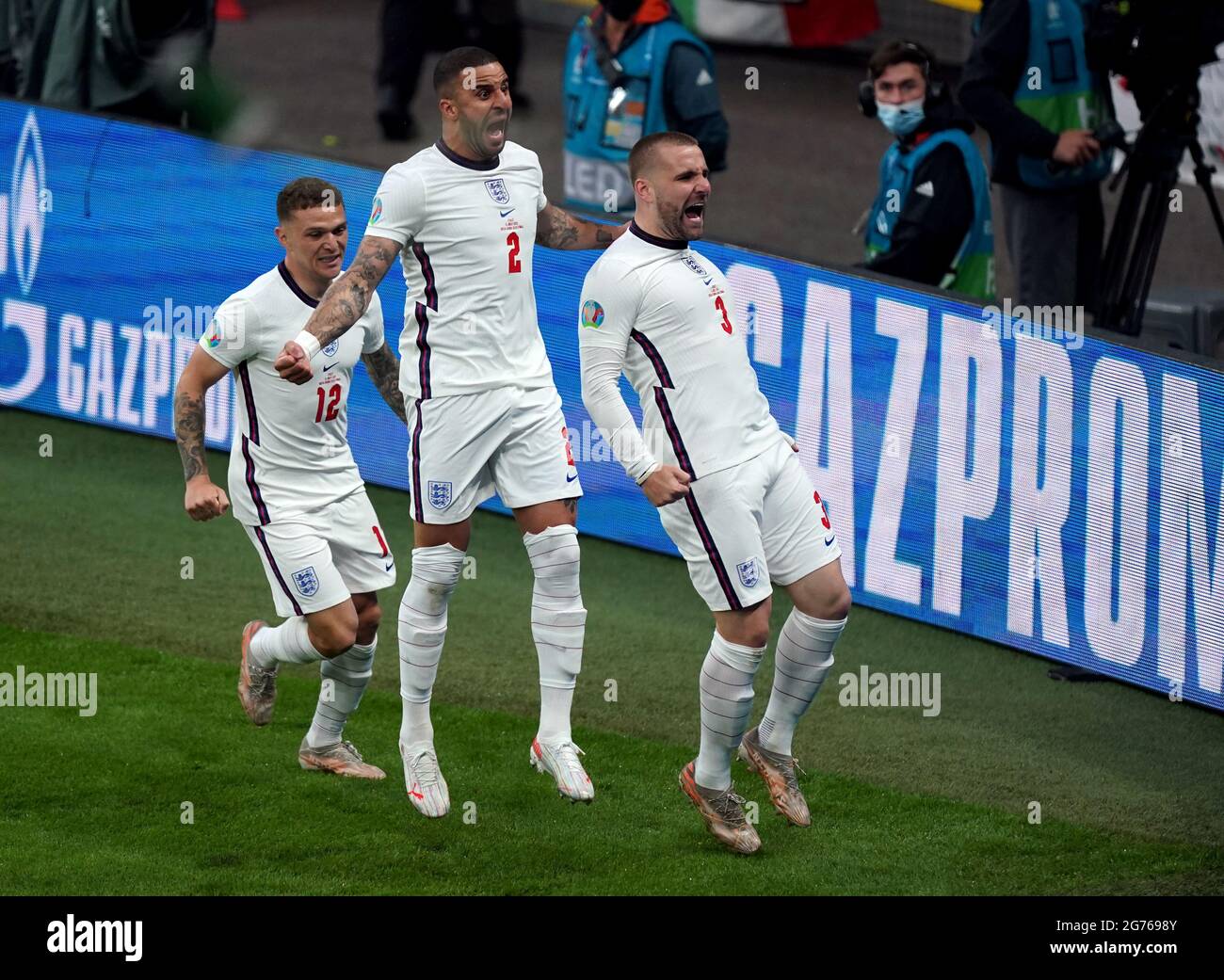 England's Luke Shaw celebrates scoring the opening goal during the UEFA ...