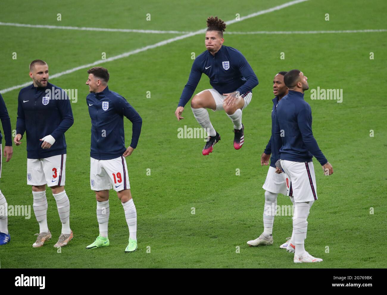 London, England, 11th July 2021. Kalvin Phillips of England jumps up ...