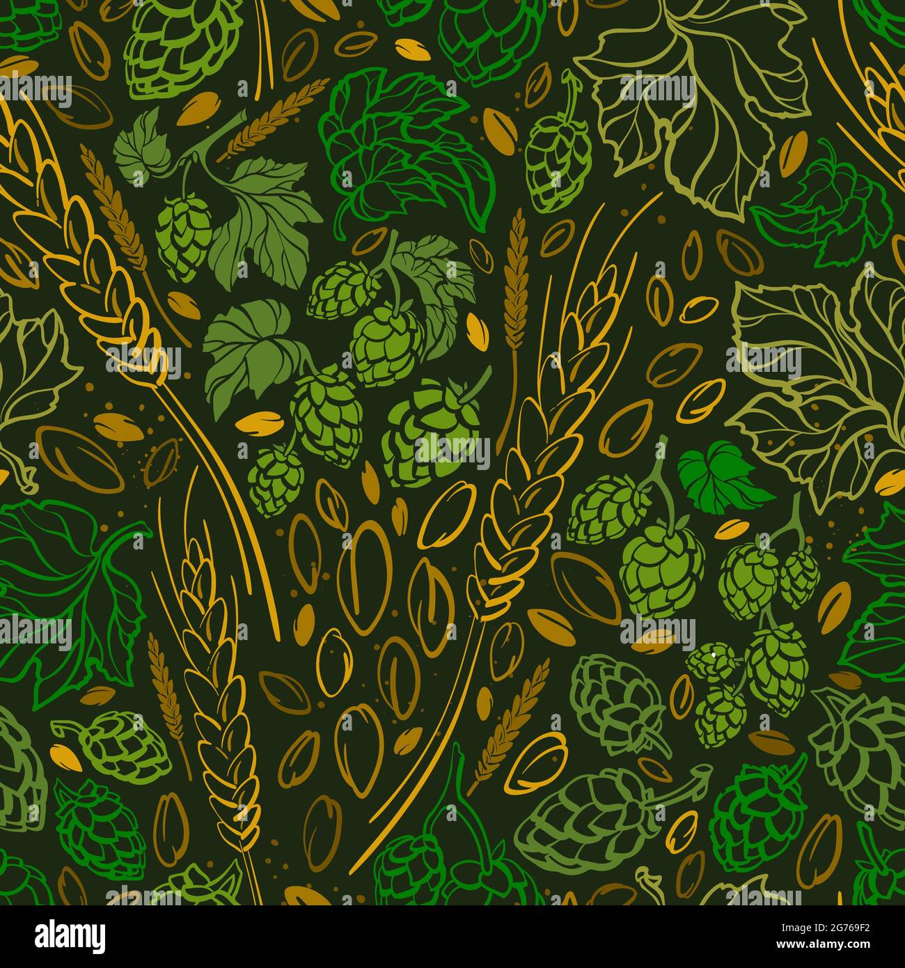 Wheat seed, hop print. Vector doodle seamless pattern. Beer ingredient ...