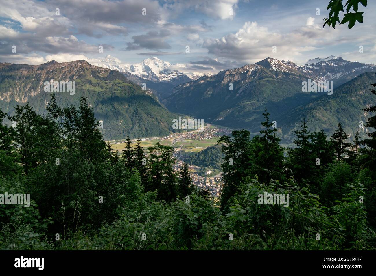 Aerial view of Interlaken and Swiss Alps from Harder Kulm View point ...