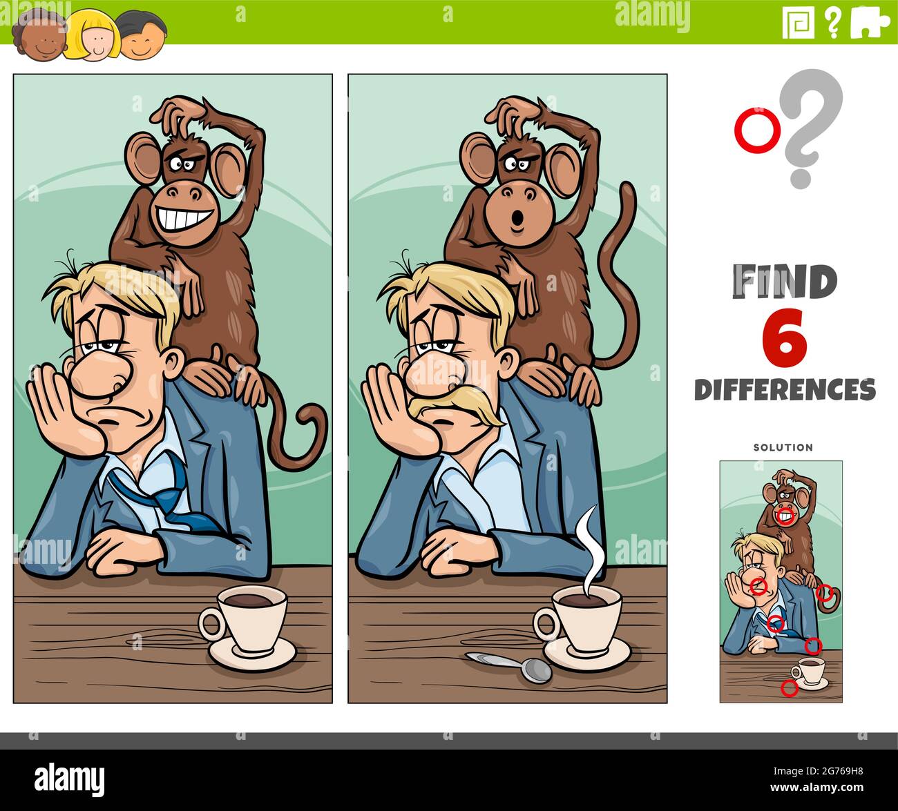 Cartoon illustration of finding the differences between pictures educational game with monkey on ...