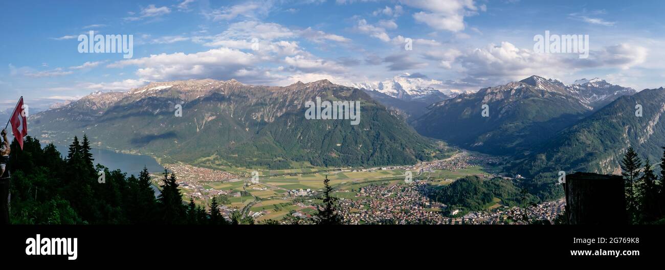 Aerial view of Interlaken and Swiss Alps from Harder Kulm View point ...