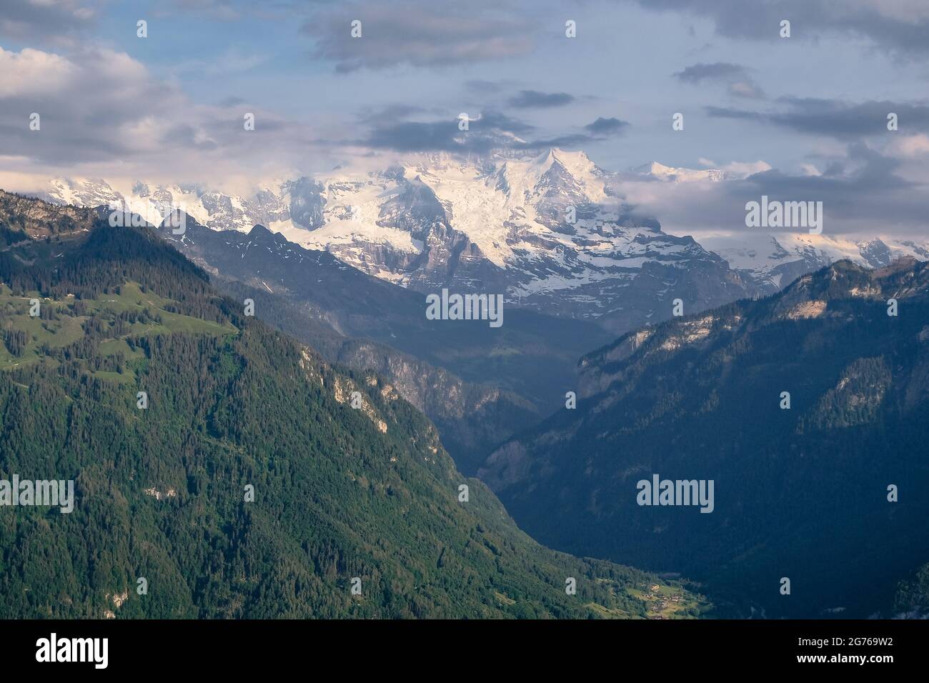 Aerial view of Interlaken and Swiss Alps from Harder Kulm View point ...