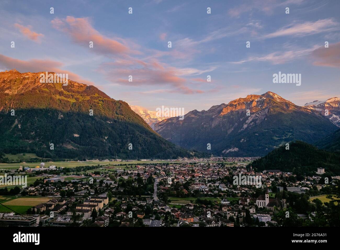 Aerial view of Interlaken and Swiss Alps from Harder Kulm View point ...