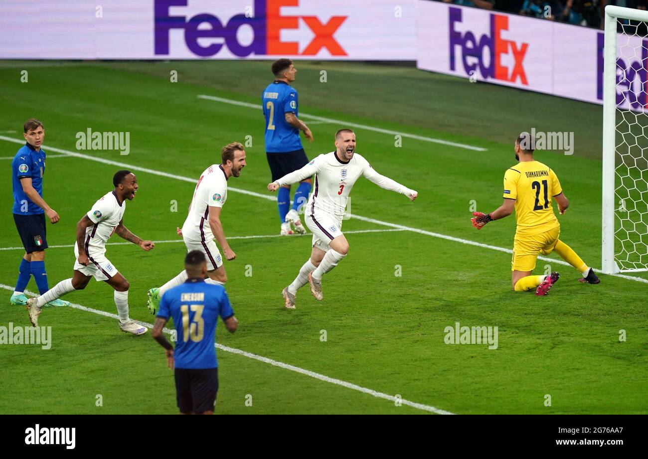 England's Luke Shaw celebrates scoring the opening goal during the UEFA ...