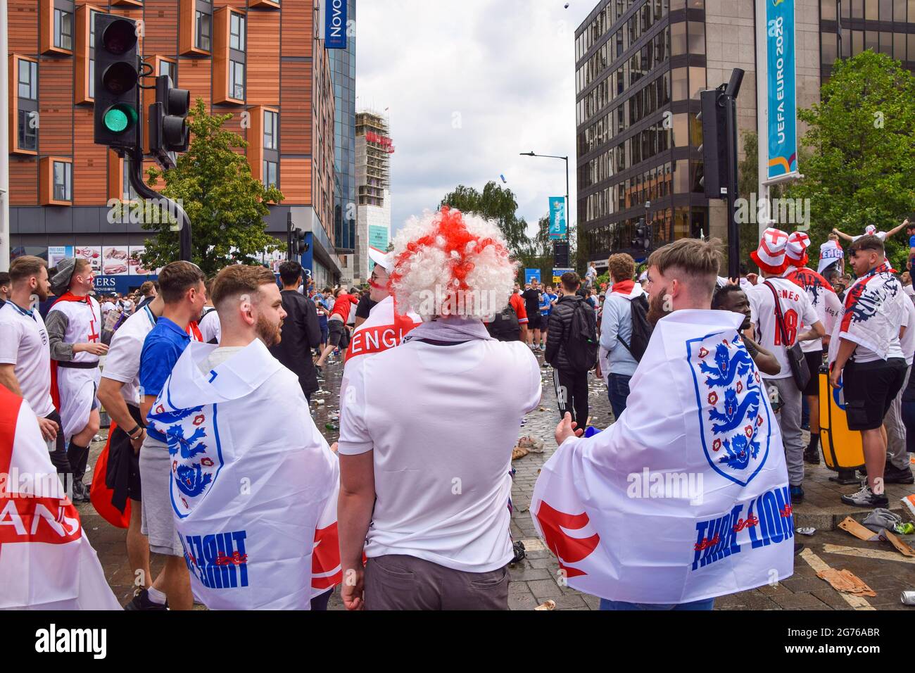 London, UK. 11th July, 2021. England football fans gather outside ...