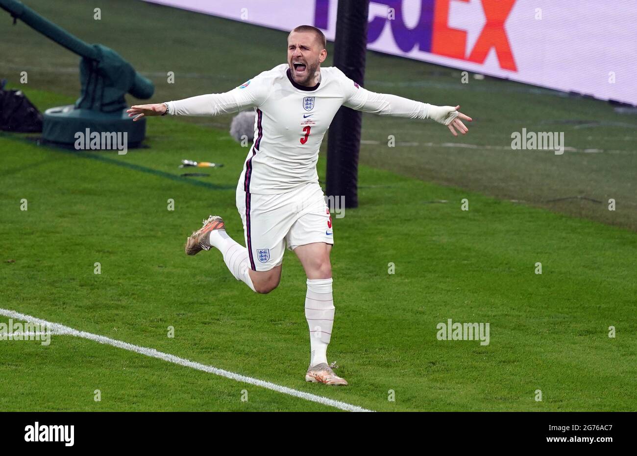 England's Luke Shaw celebrates scoring the opening goal during the UEFA ...