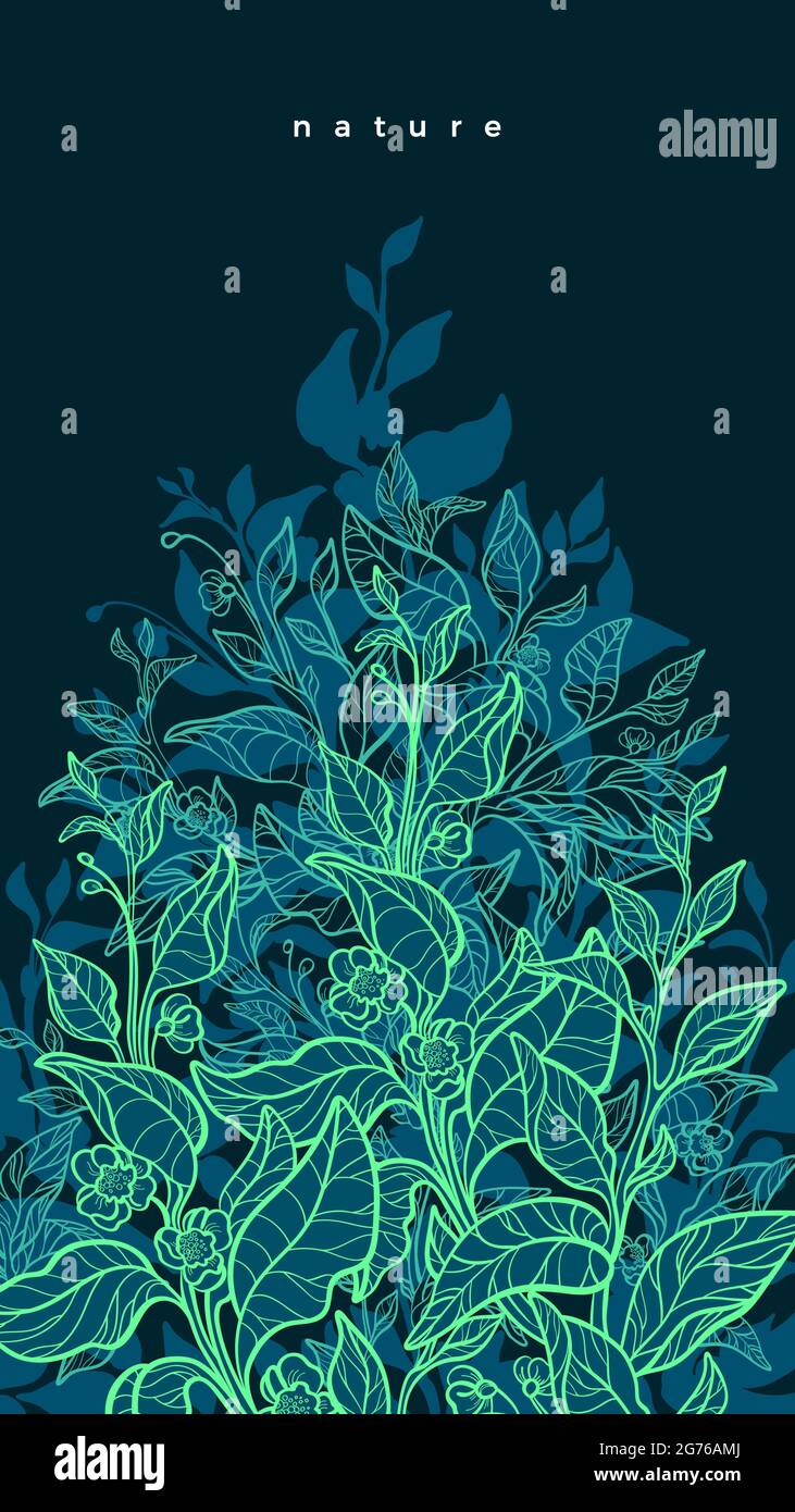 Vector nature neon background. Art line green plant, organic flora ...