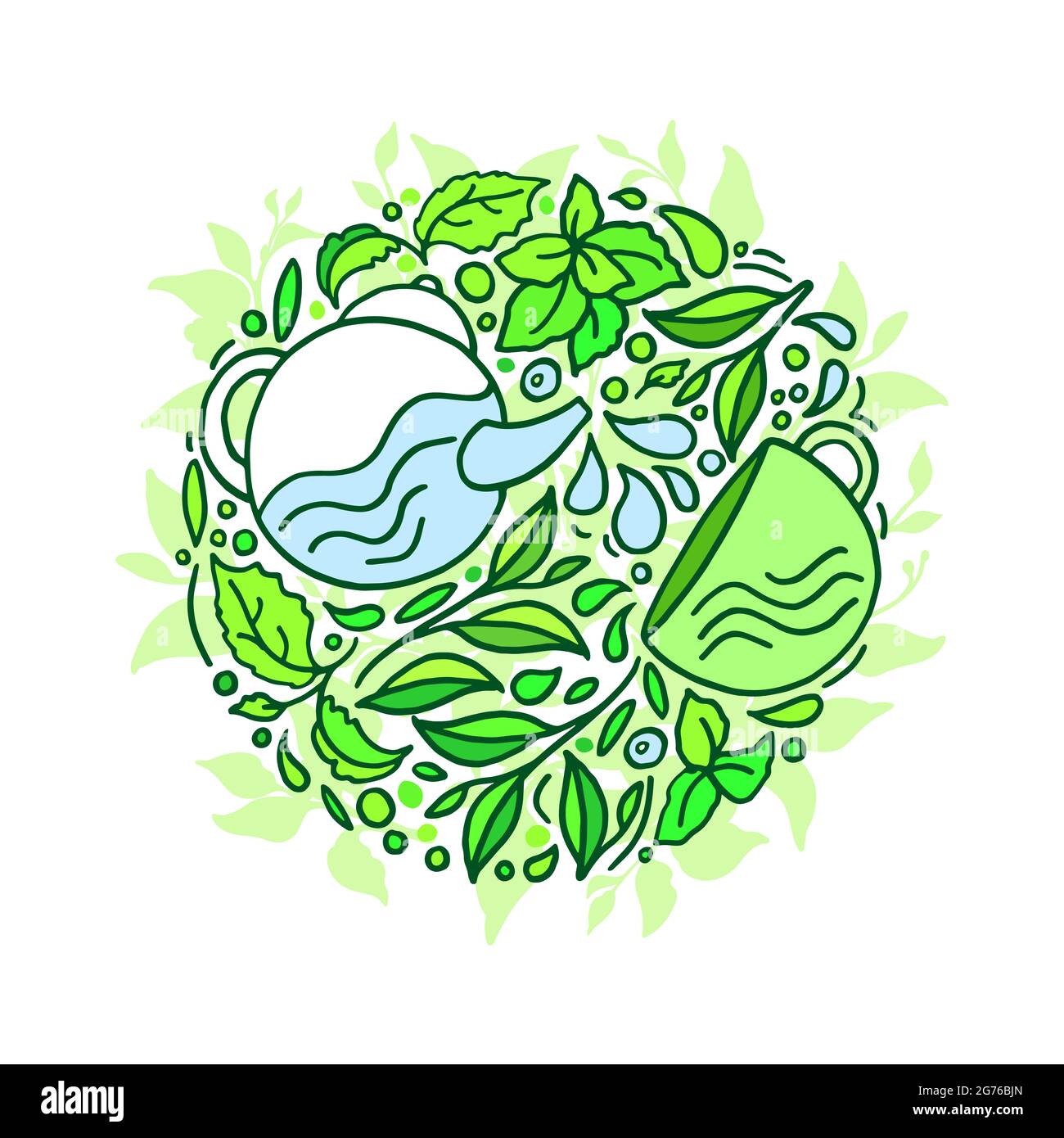 Green matcha tea. Fresh leaves, foliage in circle. Vector nature symbol ...