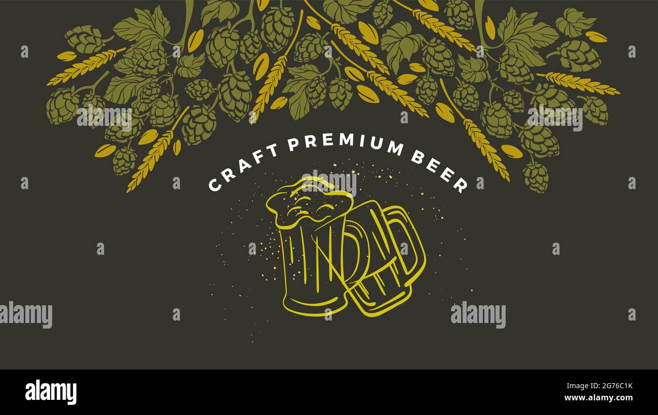 Vector beer ingredient of twig of hop, malt, wheat grain. Design ...