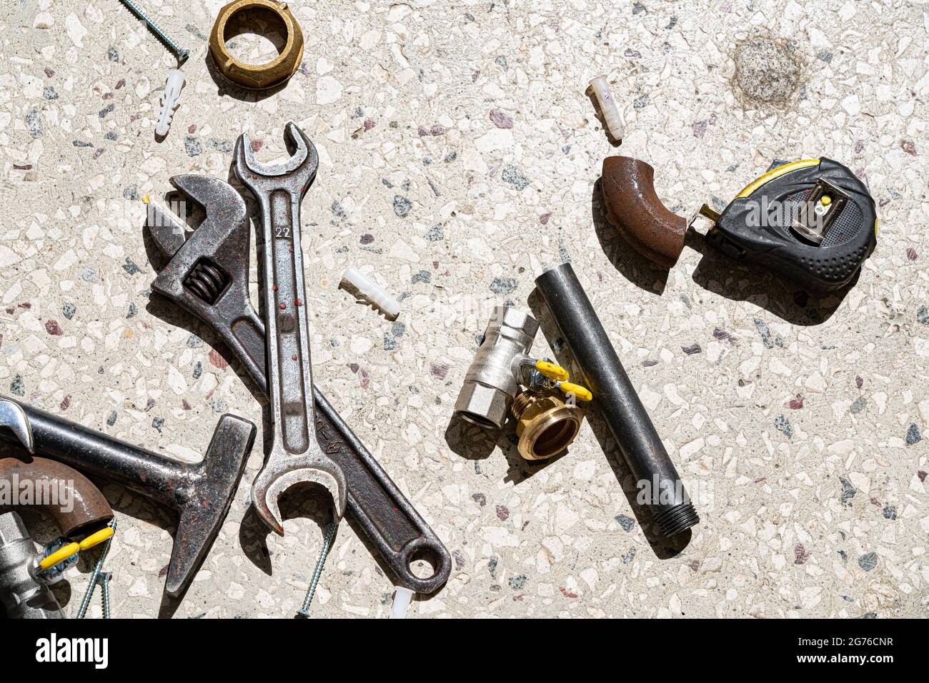 Construction tools on the floor Stock Photo - Alamy