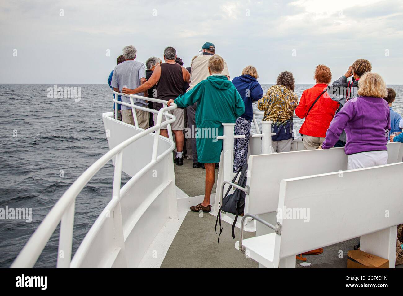 Tourists aboard one of the Dolphin Cruise boats on a whale watch, Cape ...
