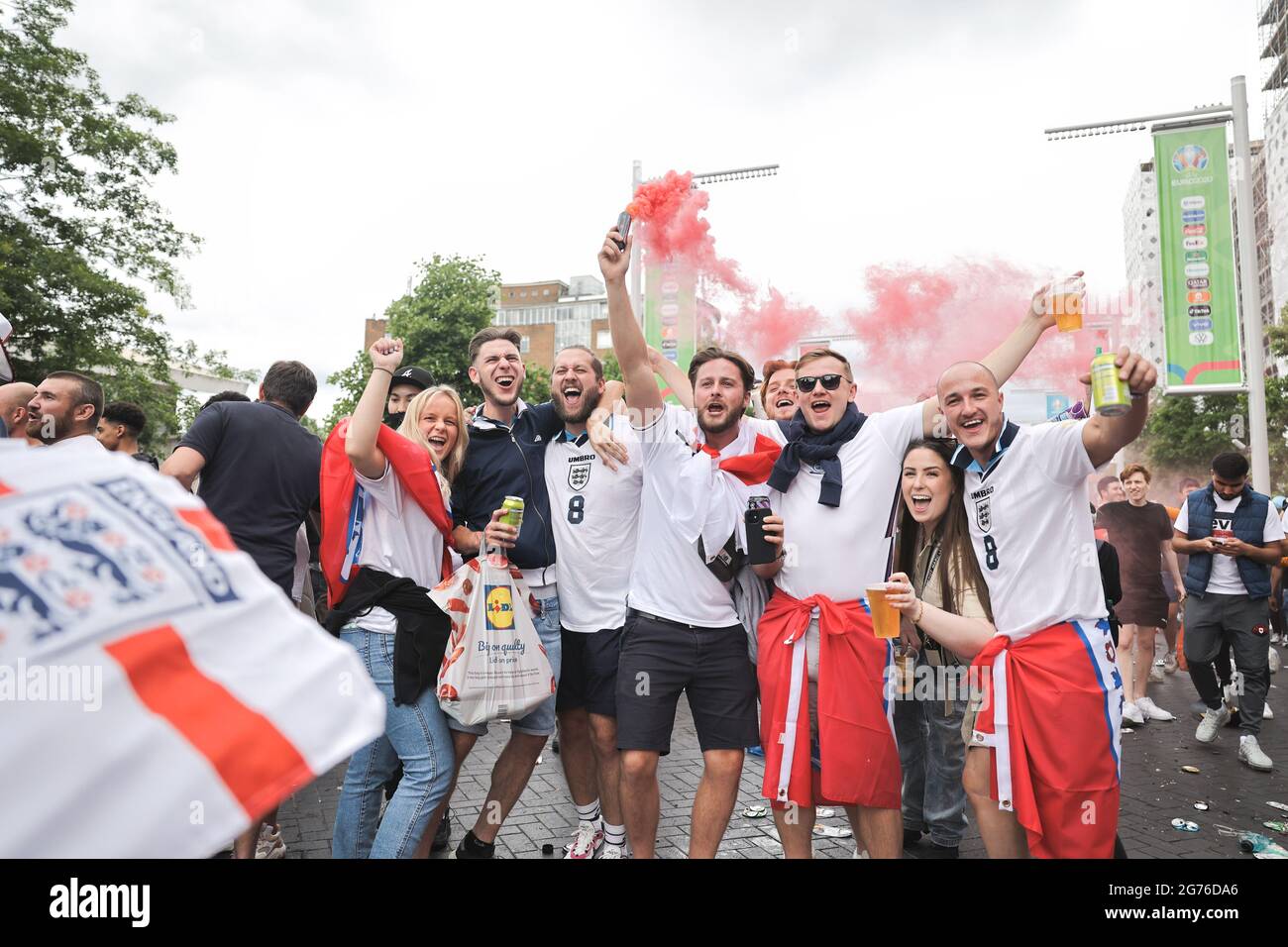 London, UK. 11th July, 2021. England football fans are in high spirits ...