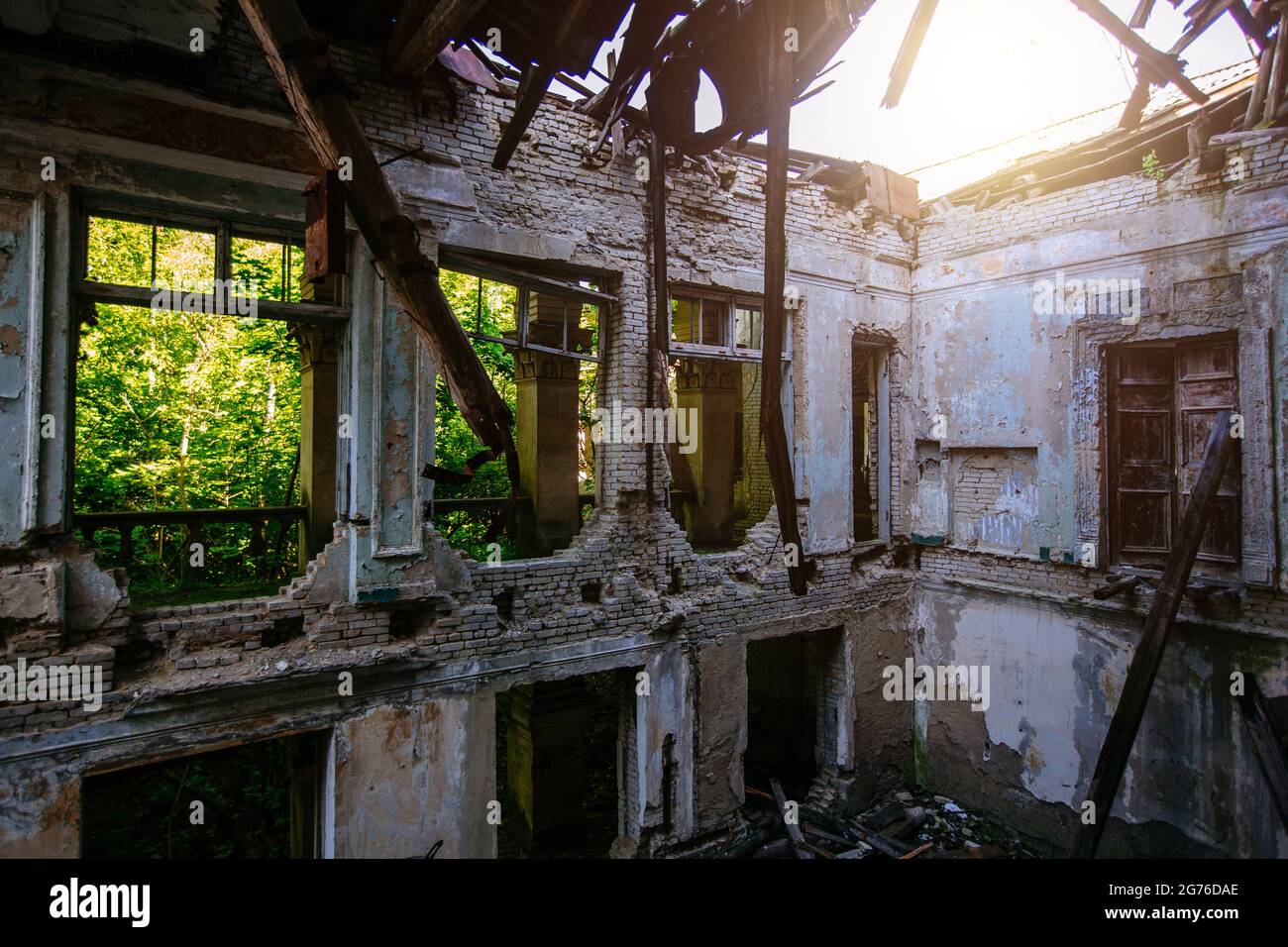 Ruined mansion hall interior overgrown by plants. Nature and abandoned ...