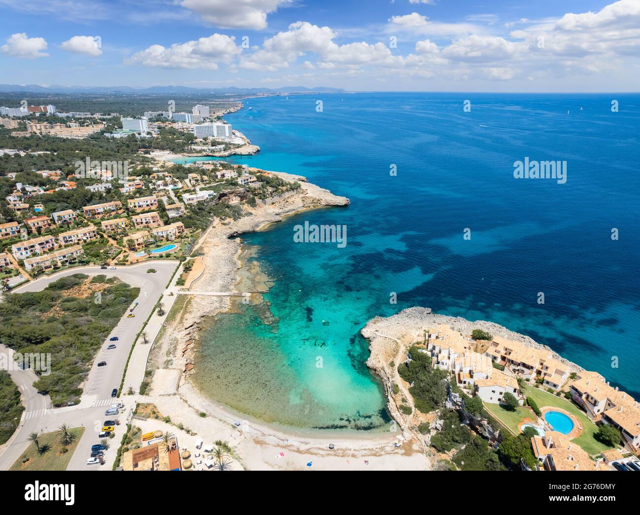 Aerial view with Cala Murada beach resort, Mallorca islands, Spain ...