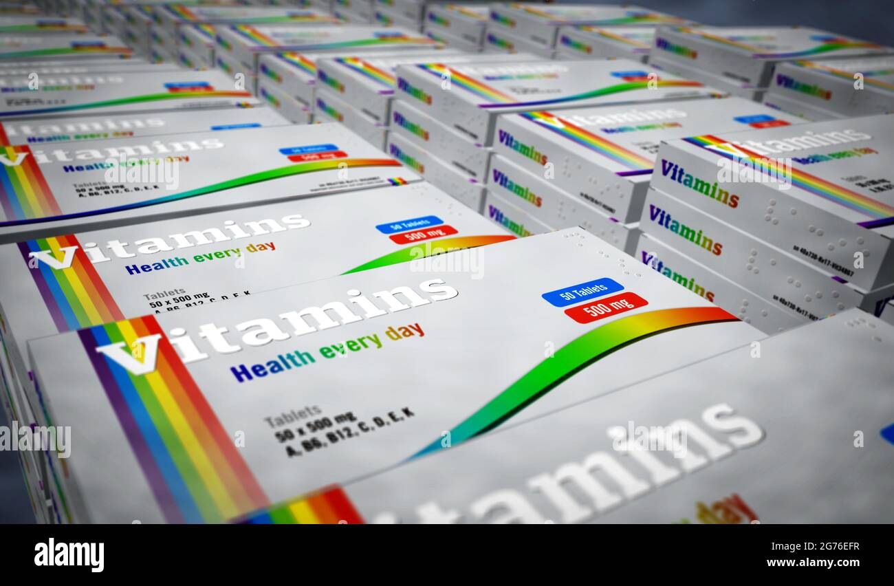 Vitamin tablets box production line. Health supplement pills pack ...