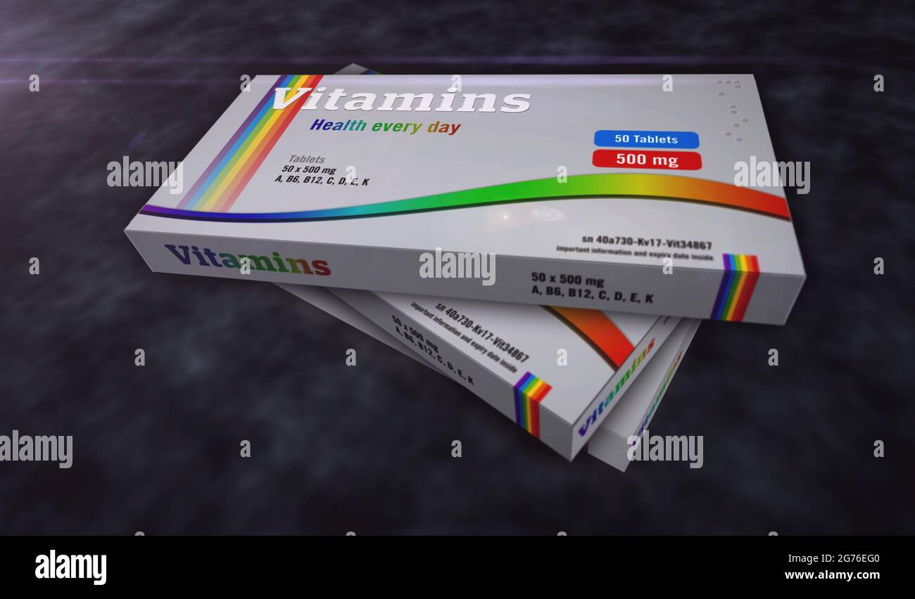Vitamin tablets box production line. Health supplement pills pack ...
