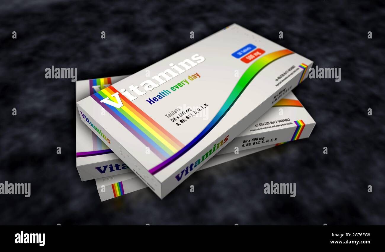 Vitamin tablets box production line. Health supplement pills pack ...