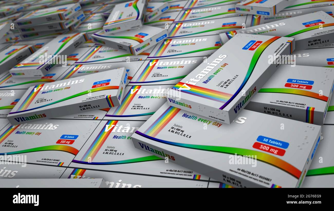 Vitamin tablets box production line. Health supplement pills pack ...