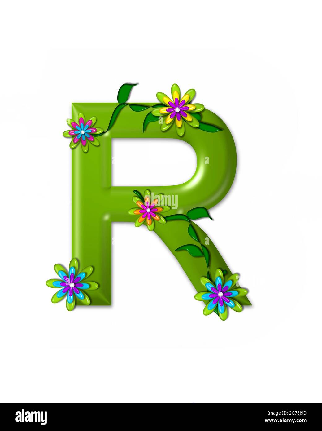 The letter R, in the alphabet set "Wonderland" is 3d and colored green ...