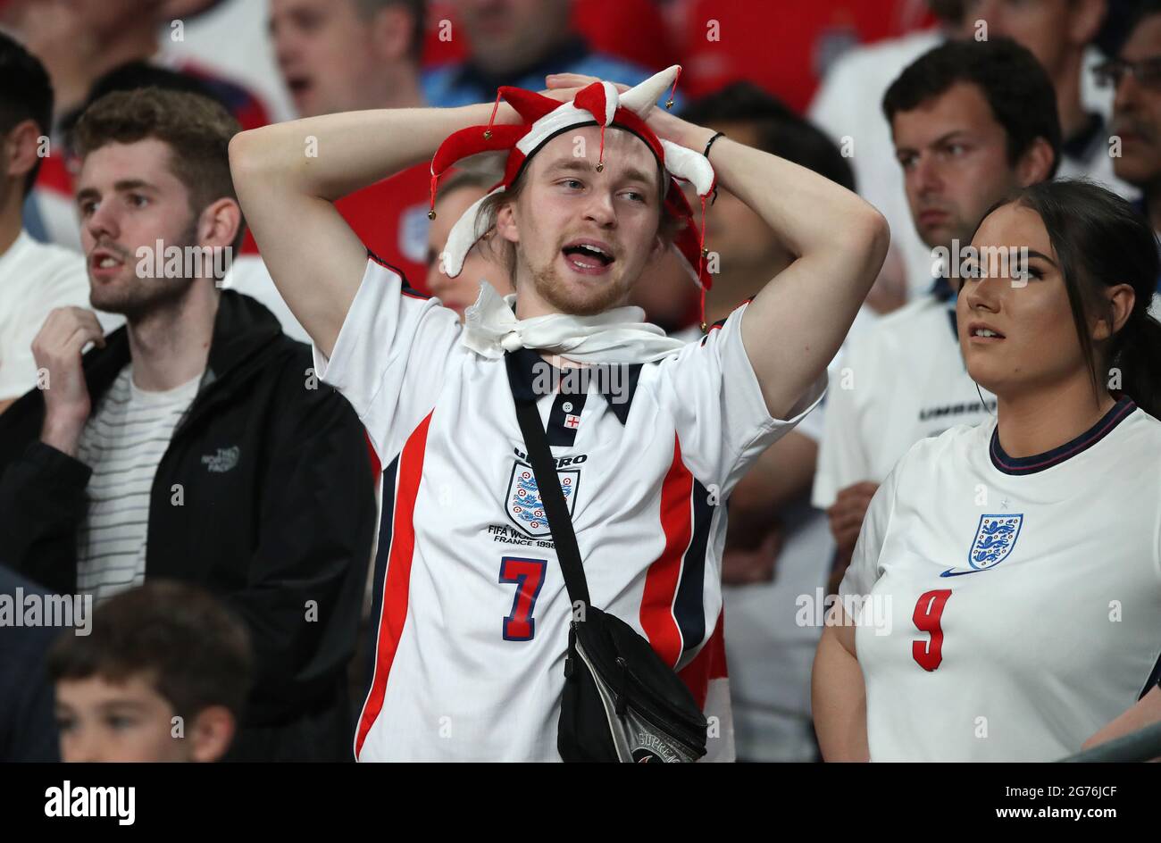 An England fan in the stands reacts to a missed chance during the UEFA ...