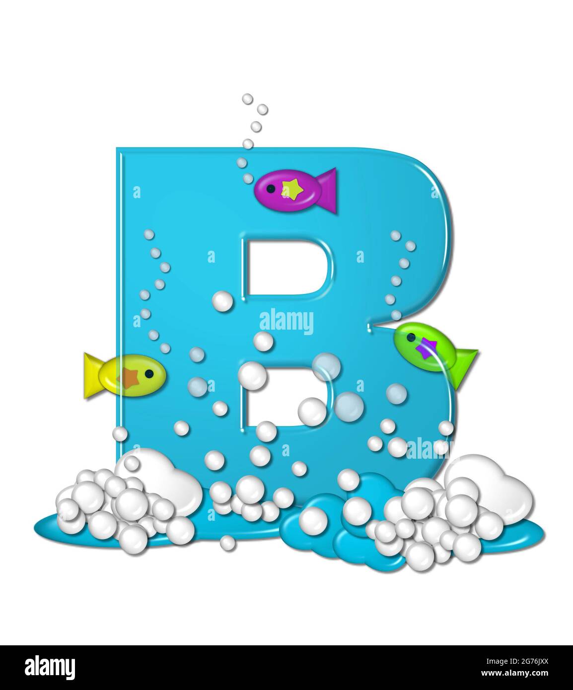 The letter B, in the alphabet set "Bubbly Fish", is bright aqua and has ...