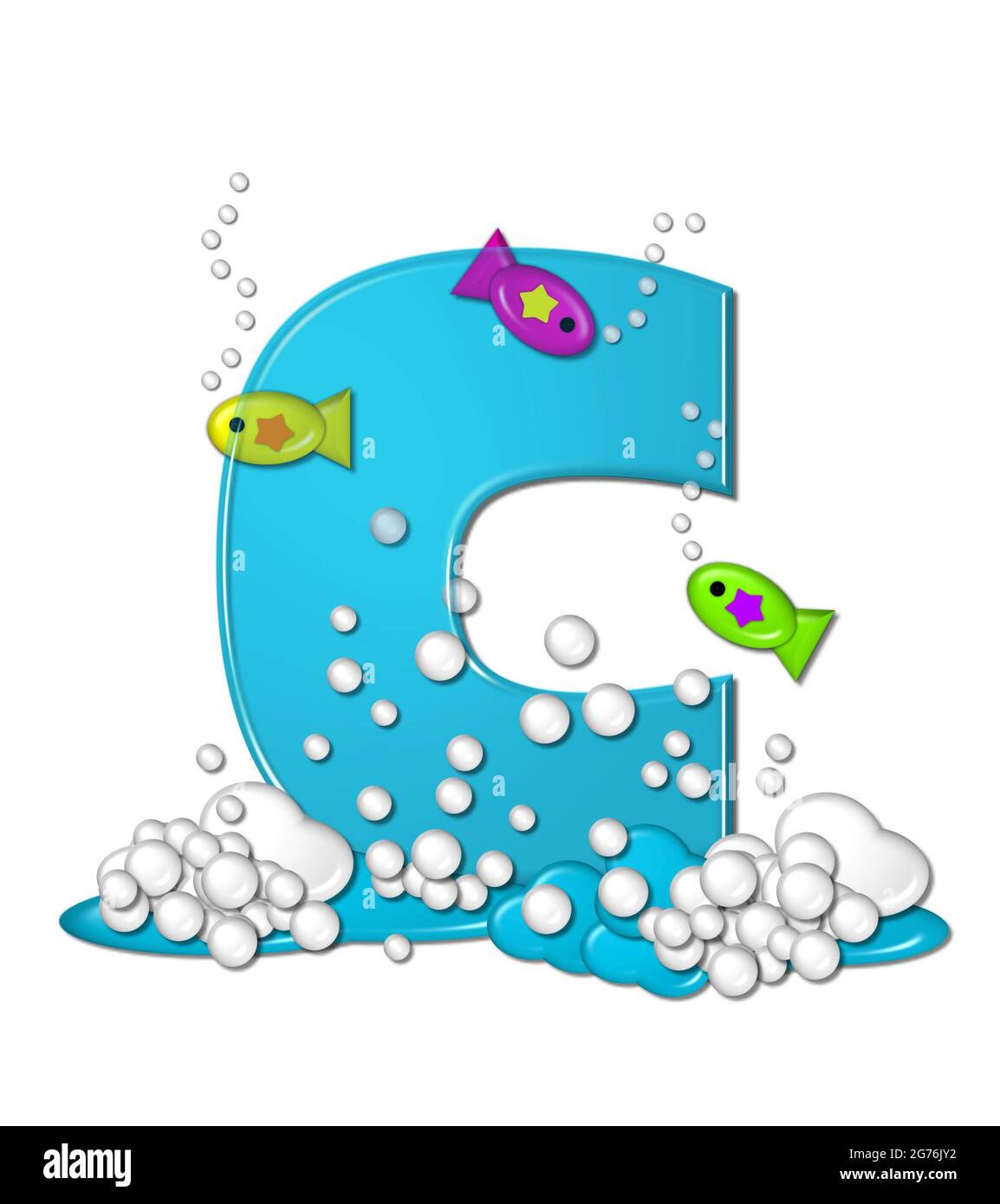 The letter C, in the alphabet set "Bubbly Fish", is bright aqua and has ...