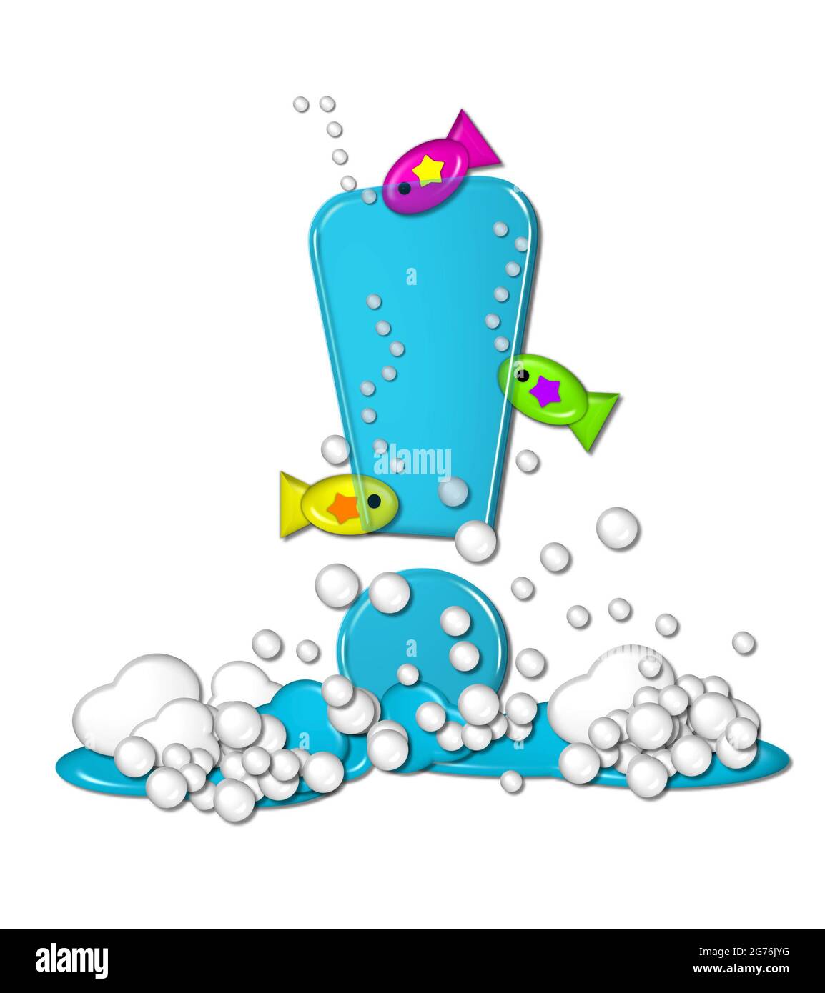 Exclamation mark, in the alphabet set "Bubbly Fish", is bright aqua and ...