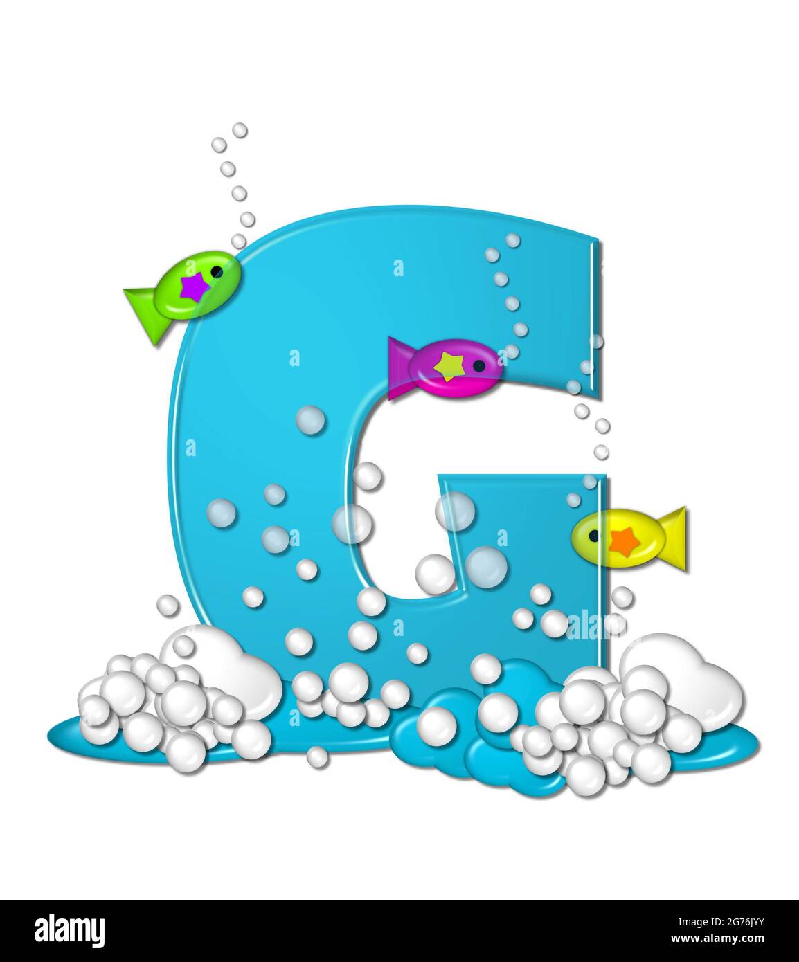 The letter G, in the alphabet set "Bubbly Fish", is bright aqua and has ...