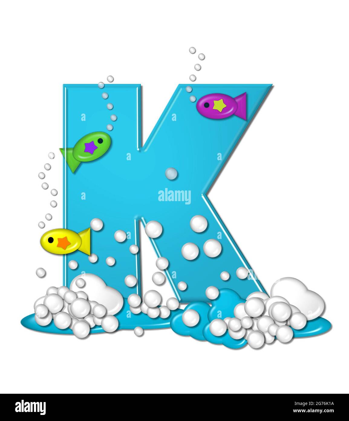 The letter K, in the alphabet set "Bubbly Fish", is bright aqua and has ...