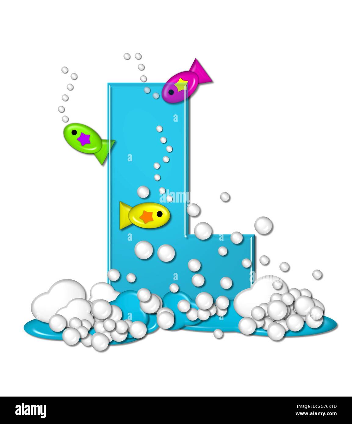 The letter L, in the alphabet set "Bubbly Fish", is bright aqua and has ...