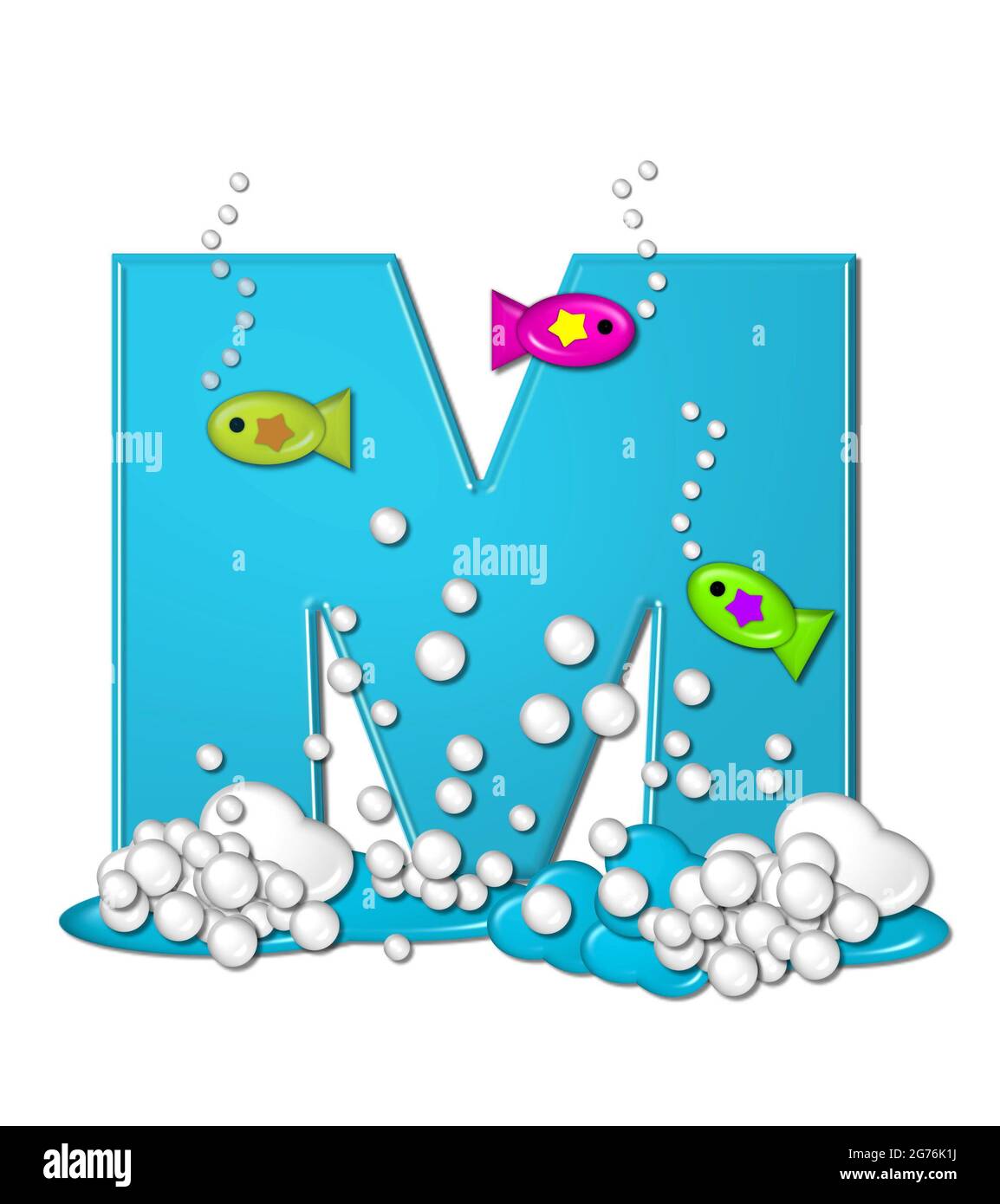 The letter M, in the alphabet set "Bubbly Fish", is bright aqua and has ...