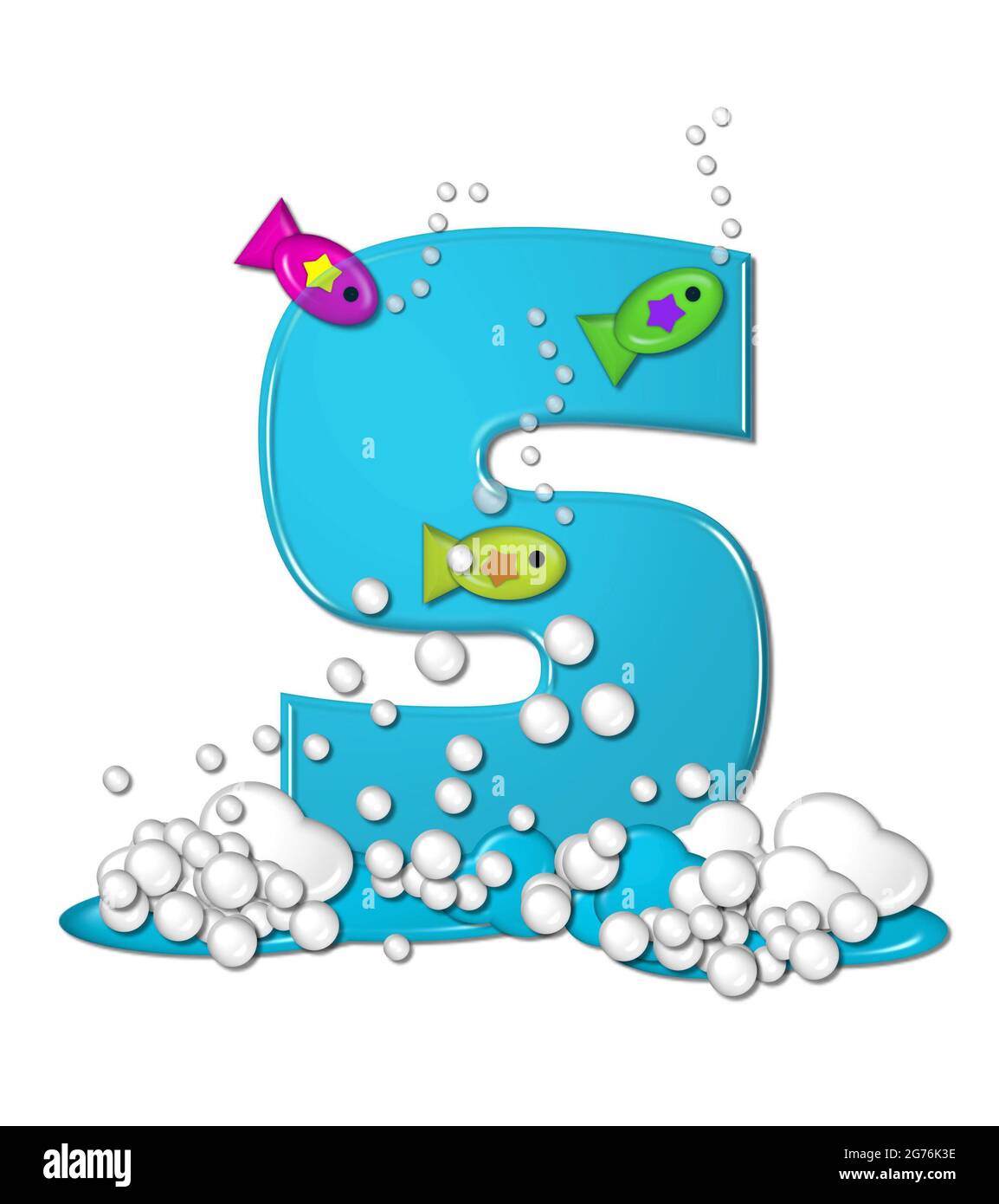 The letter S, in the alphabet set "Bubbly Fish", is bright aqua and has ...