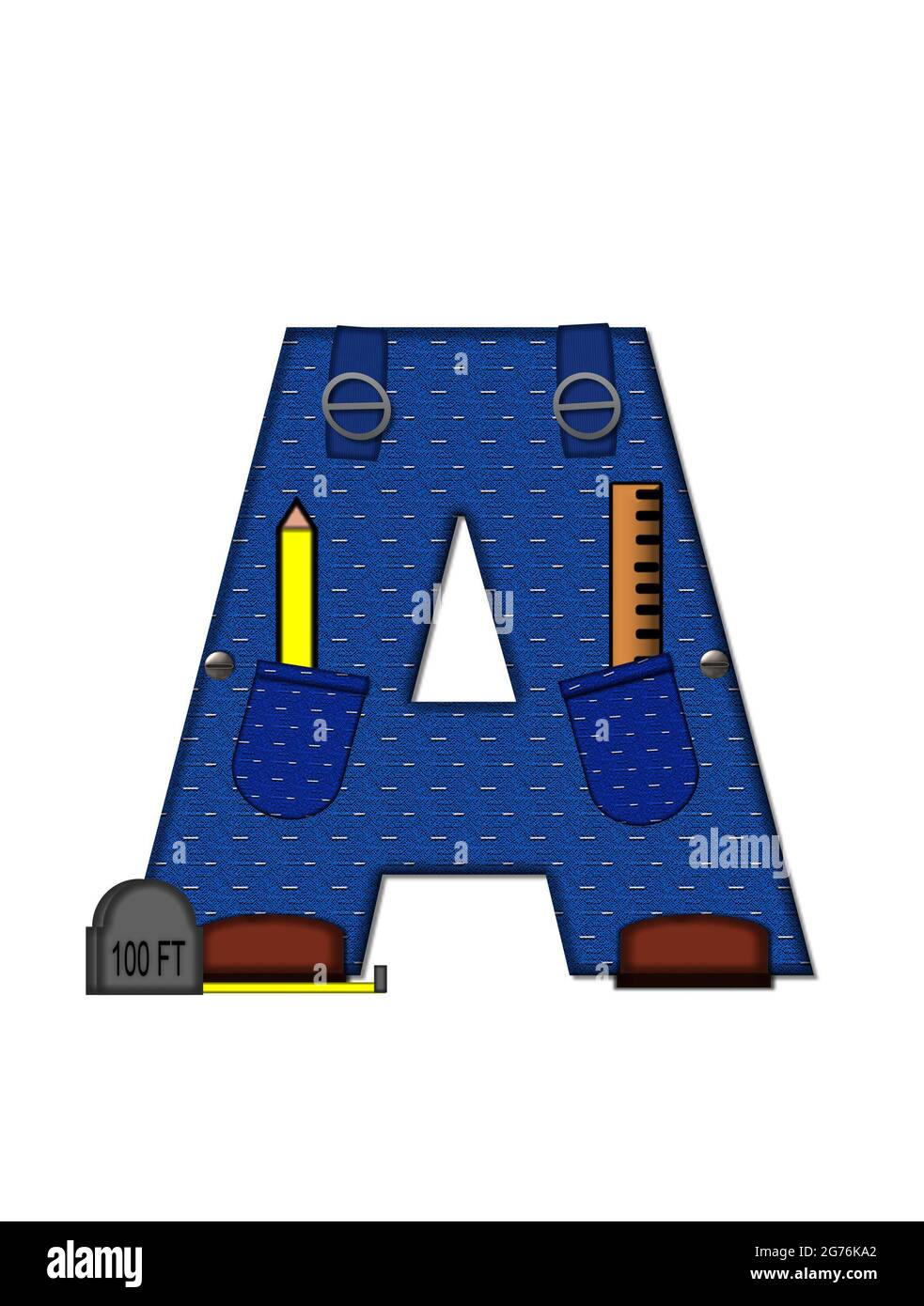 The letter A, in the alphabet set "Carpenter Tools", is denim with tool ...