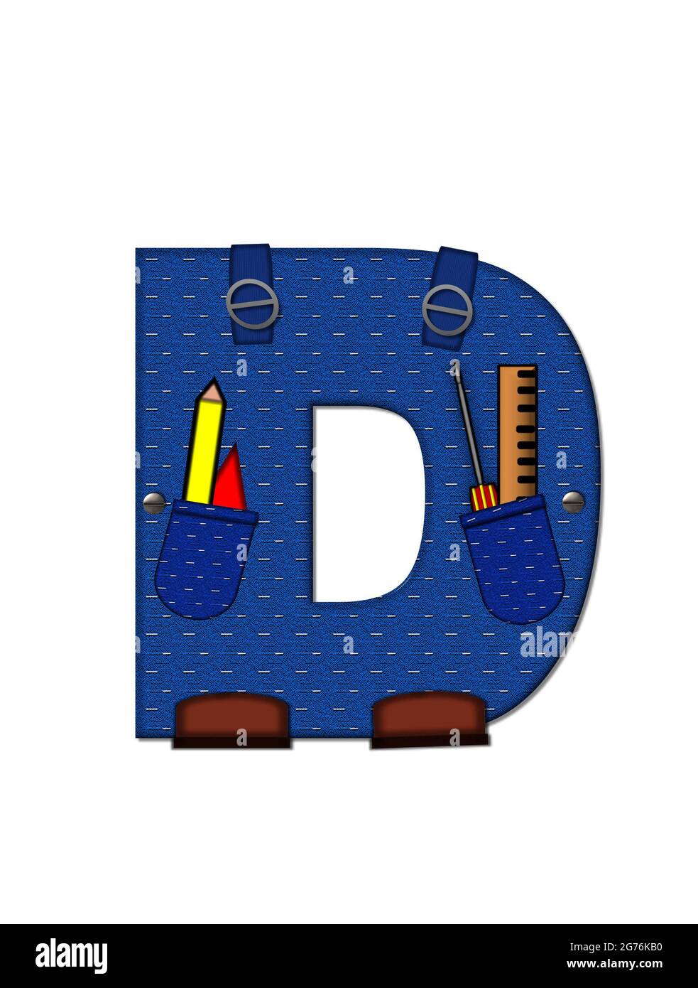 The letter D, in the alphabet set "Carpenter Tools", is denim with tool ...