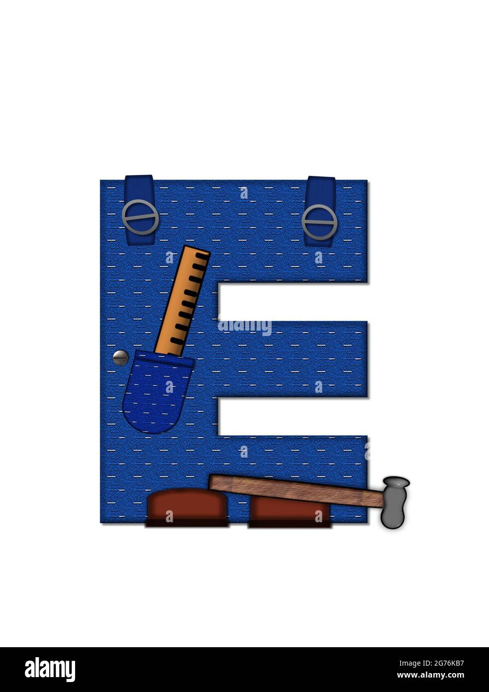 The letter E, in the alphabet set "Carpenter Tools", is denim with tool ...