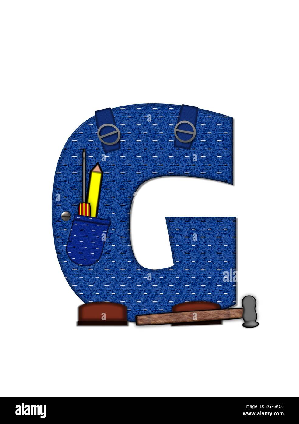 The letter G, in the alphabet set "Carpenter Tools", is denim with tool ...