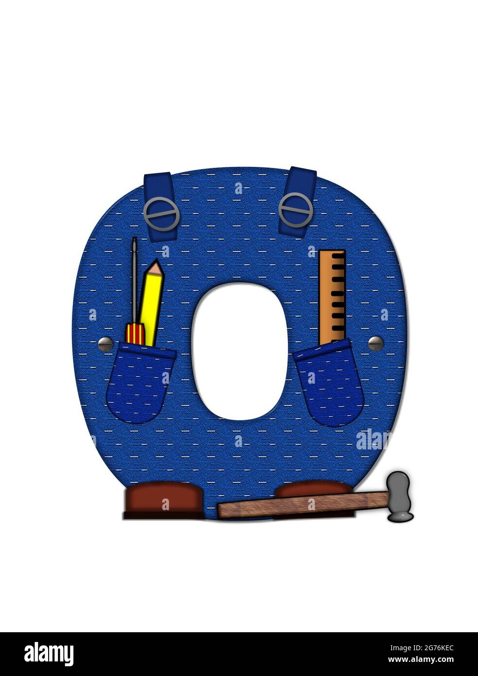 The letter O, in the alphabet set "Carpenter Tools", is denim with tool ...