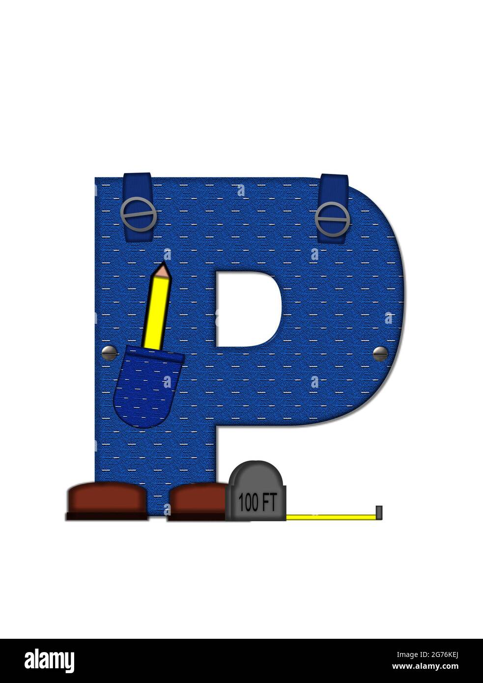 The letter P, in the alphabet set "Carpenter Tools", is denim with tool ...