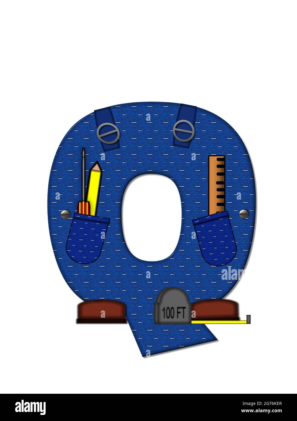 The letter Q, in the alphabet set "Carpenter Tools", is denim with tool ...