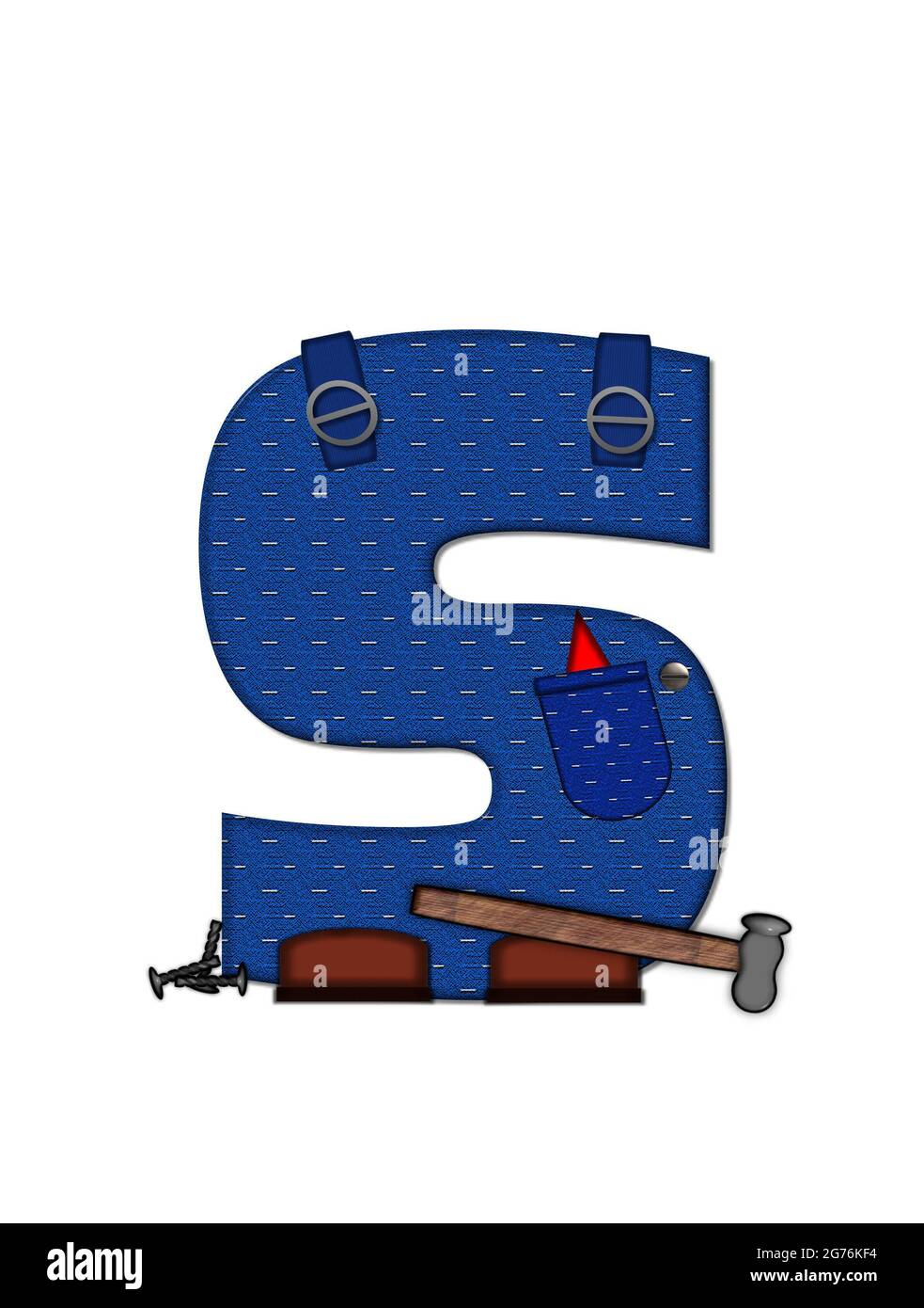 The letter S, in the alphabet set "Carpenter Tools", is denim with tool ...