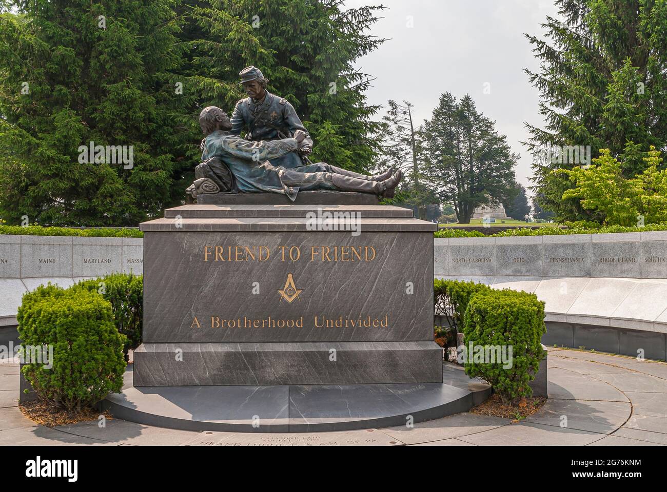 Gettysburg, PA, USA - June 14, 2008: Battlefield monuments. Friend to ...