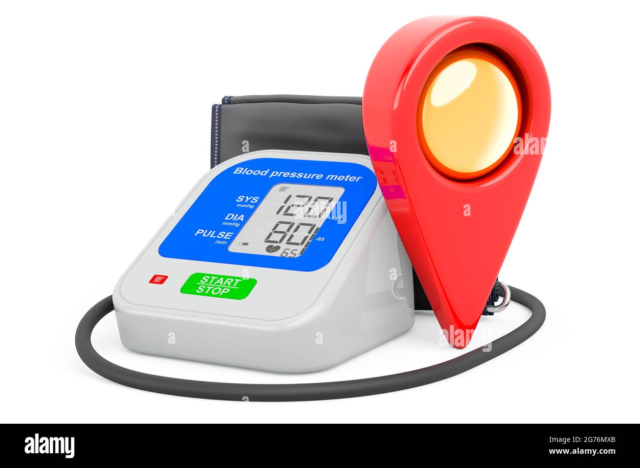 Map pointer with electronic sphygmomanometer, 3D rendering isolated on ...