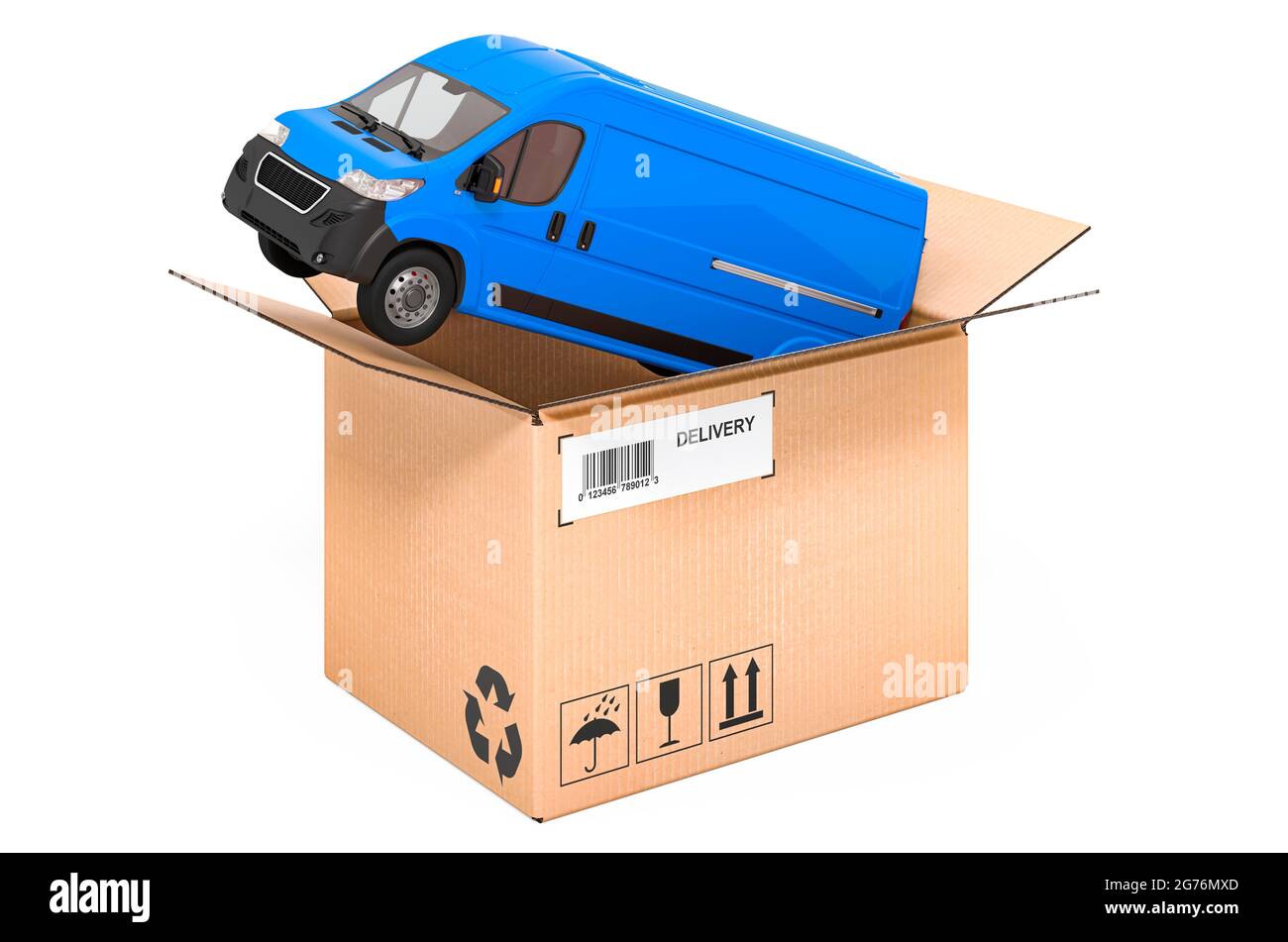 Commercial delivery van inside cardboard box. Freight transportation ...