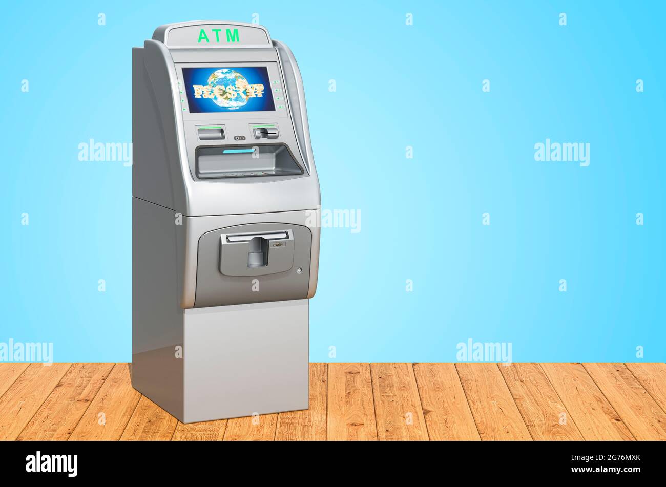 ATM, automated teller machine on the wooden planks, 3D rendering Stock Photo - Alamy