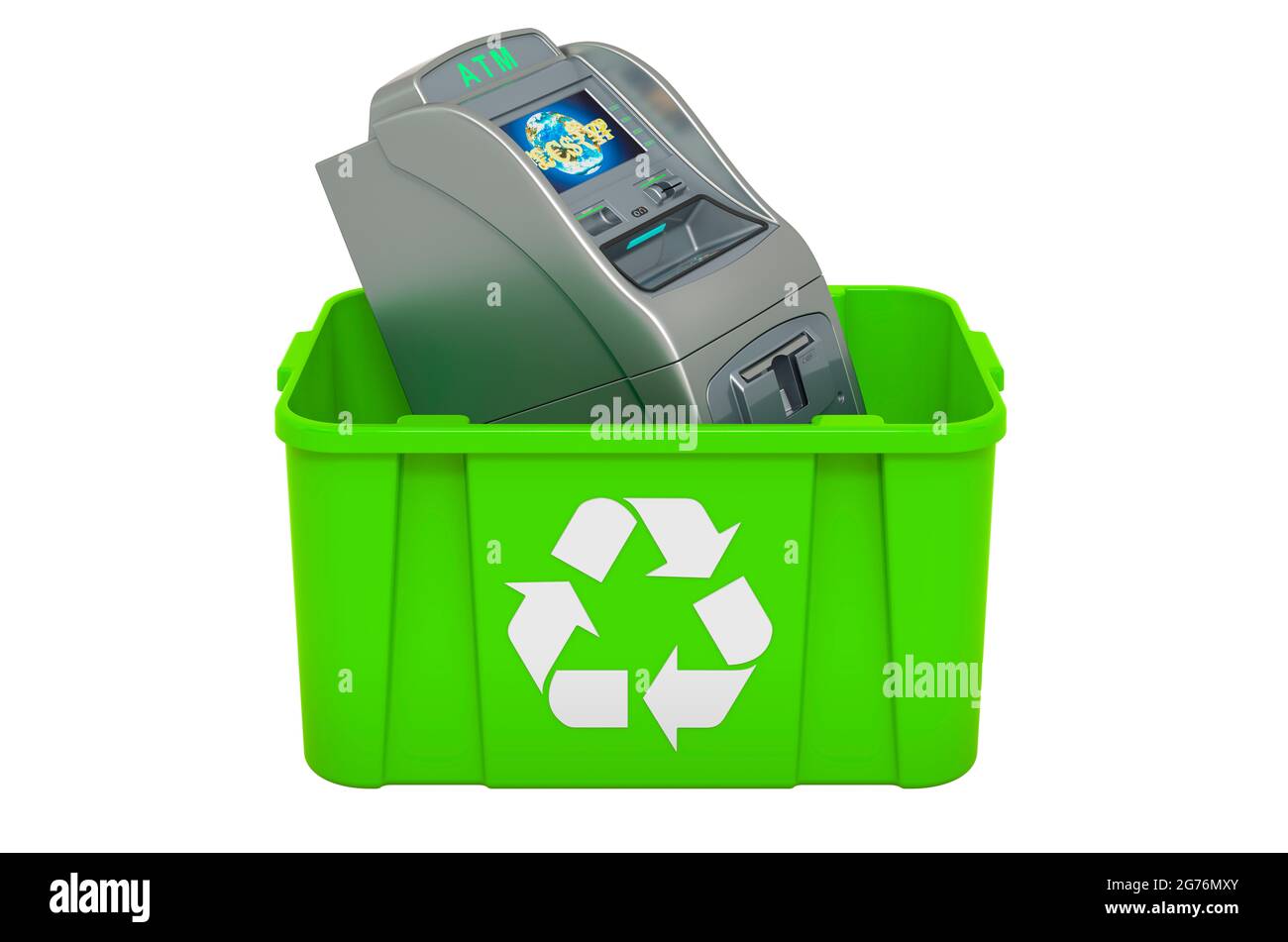Recycling trashcan with ATM machine, 3D rendering isolated on white ...