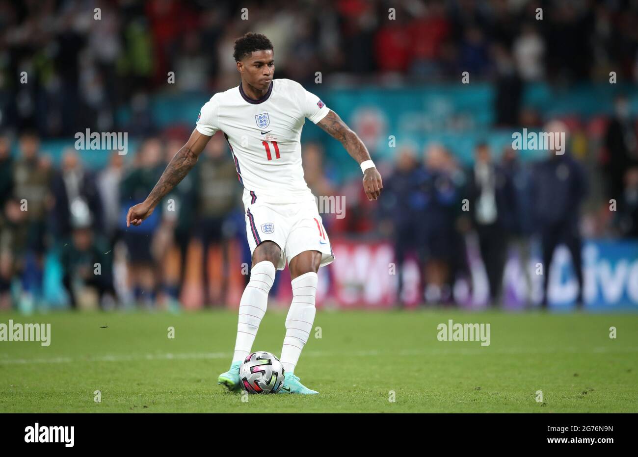 England's Marcus Rashford misses in the penalty shoot-out during the ...