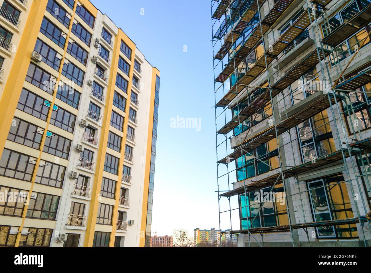 Aerial view of high residential apartment building under construction ...