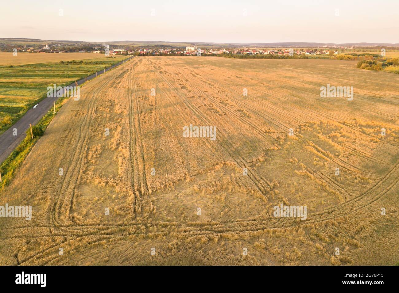 Aerial view of ripe farm field ready for harvesting with fallen down ...