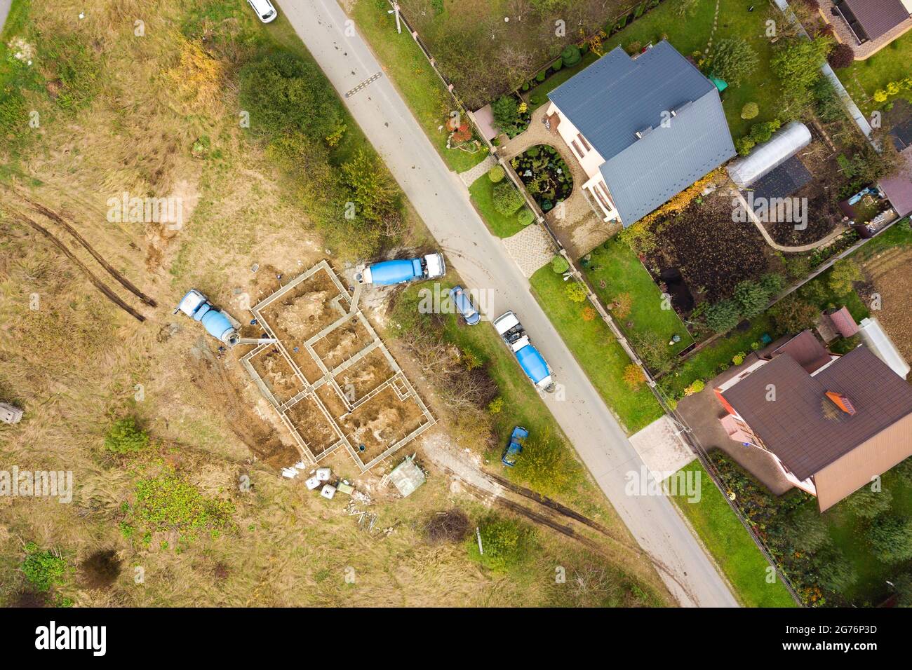 Top down aerial view of construction works of new house concrete ...